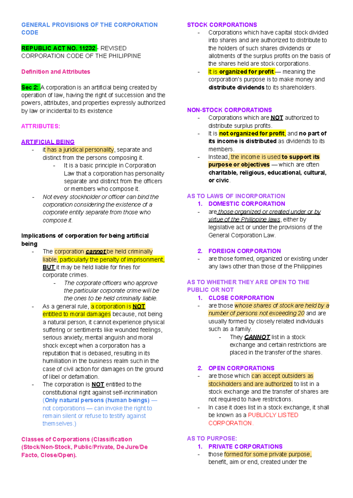 CORPORATION CODE NOTES: GENERAL PROVISIONS & ATTRIBUTES - Studocu