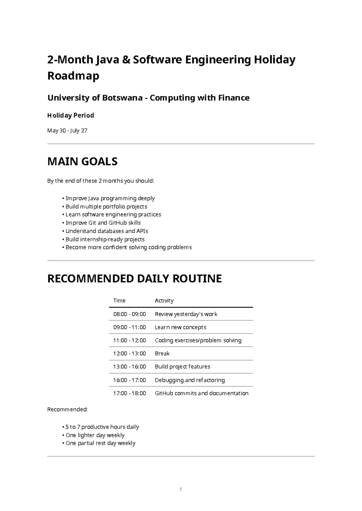 Java Software Engineering Holiday Roadmap (COMP 101) May-July 2023 ...