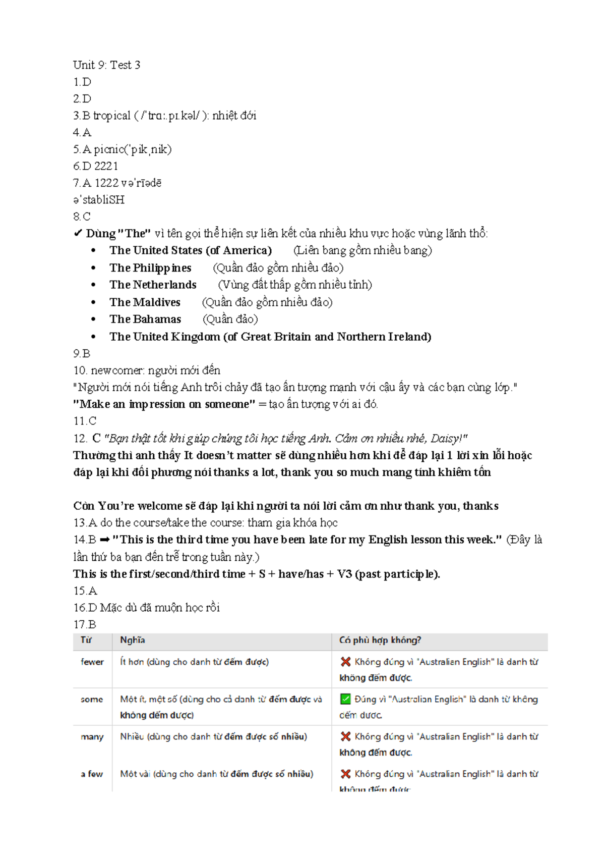 Unit 9: Test 3 Answer Key - English Language Learning Notes - Studocu