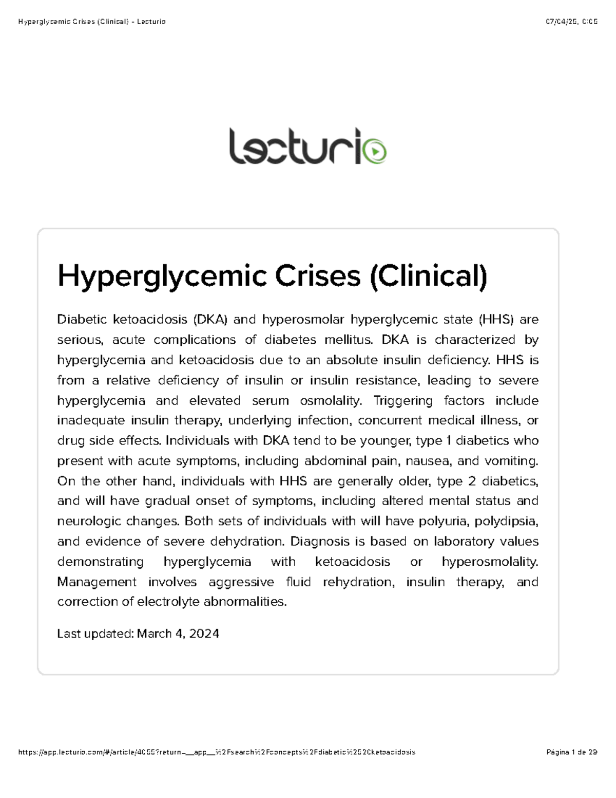 Hyperglycemic Crises: DKA & HHS Overview - Clinical Insights (Lecturio) - Studocu