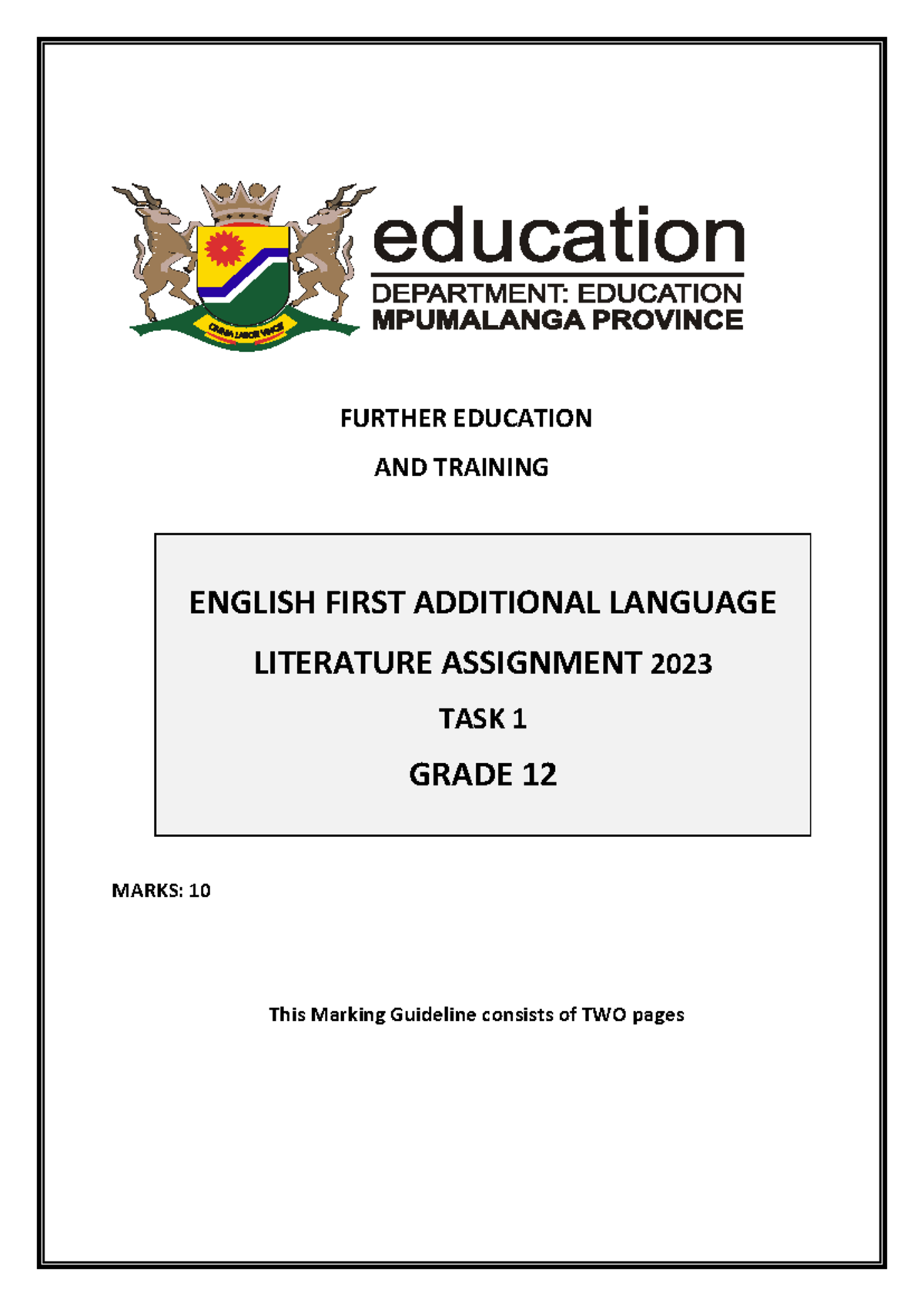 2023 Grade 12 M G English Literature Assignment Task 1 Guide - Studocu