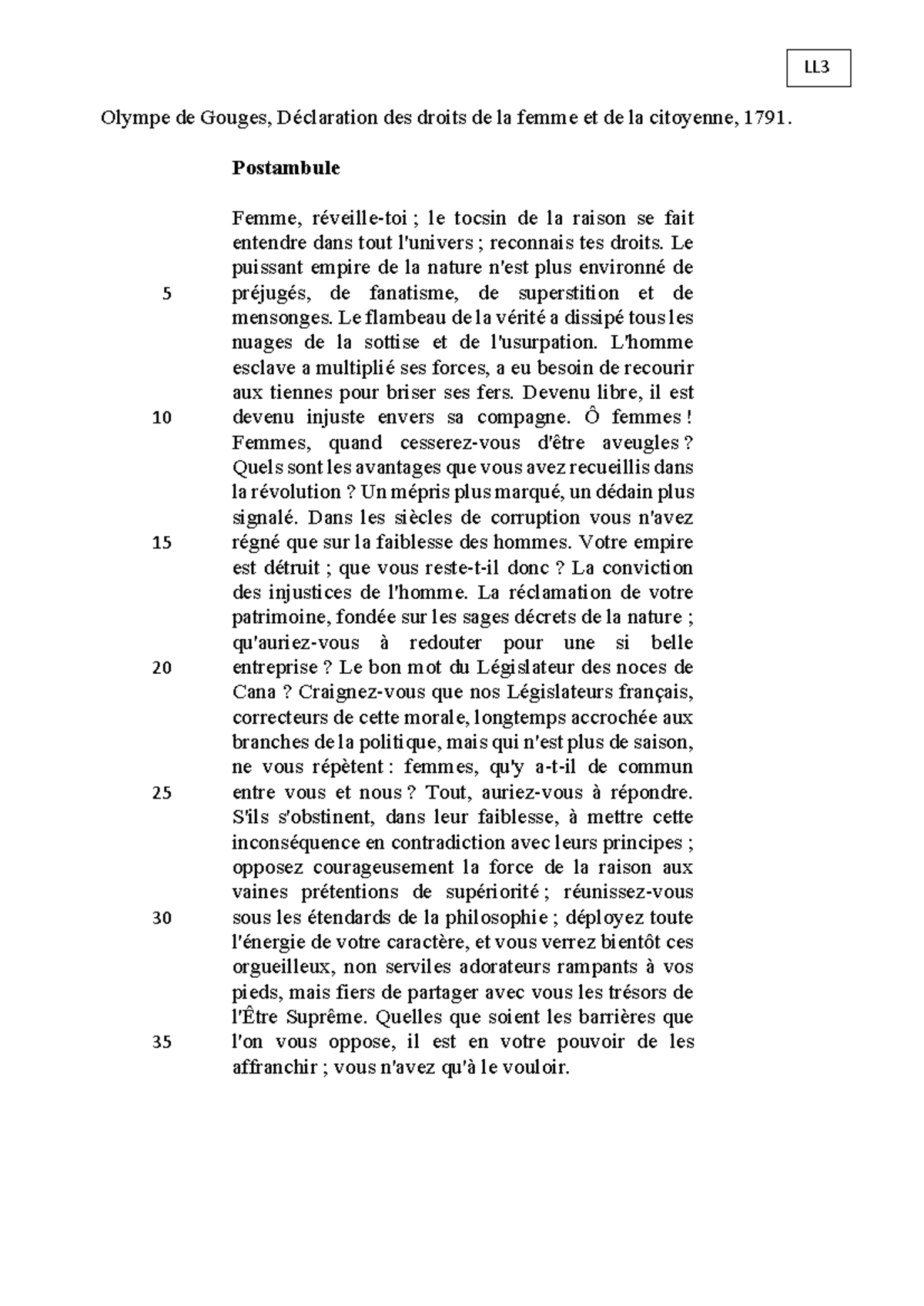 Texte BAC 11 - Olympe de Gouges, Déclaration des droits de la femme et ...