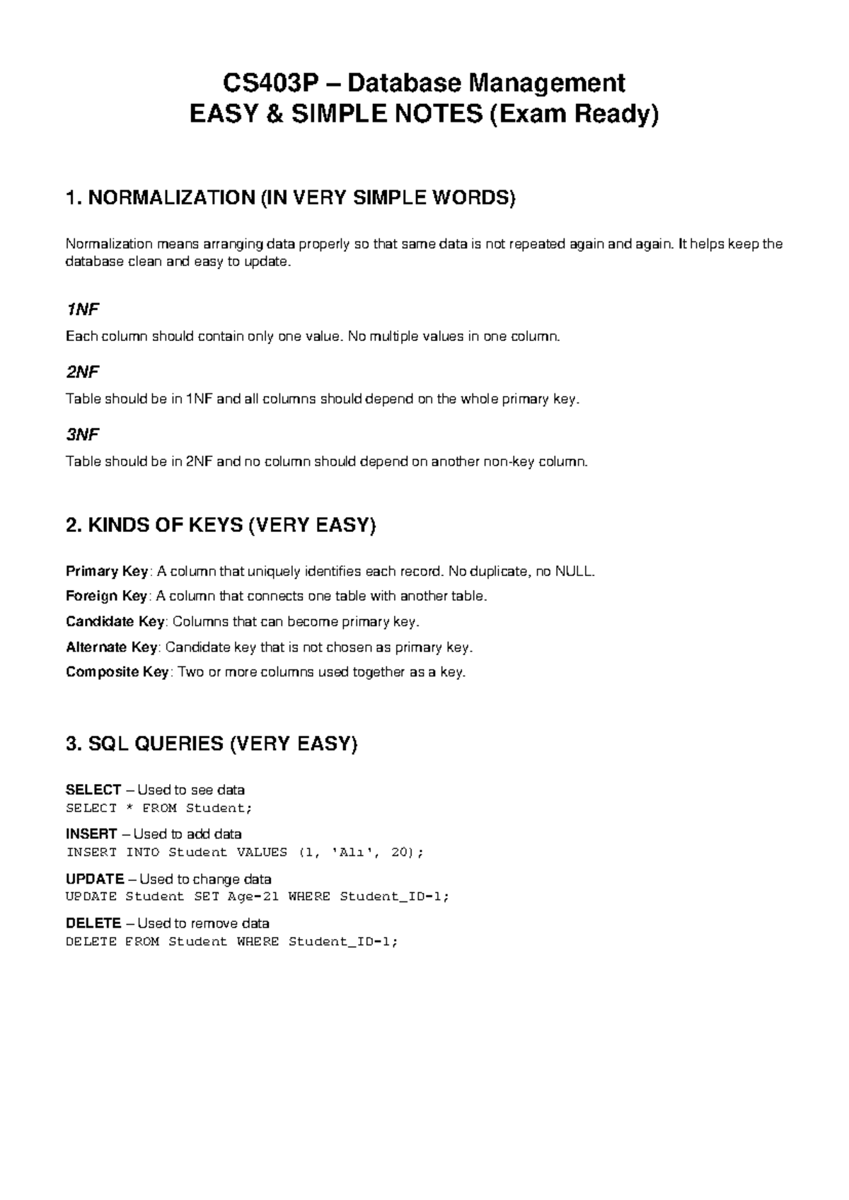 CS403P Database Management Exam Ready Notes on Normalization & Keys ...