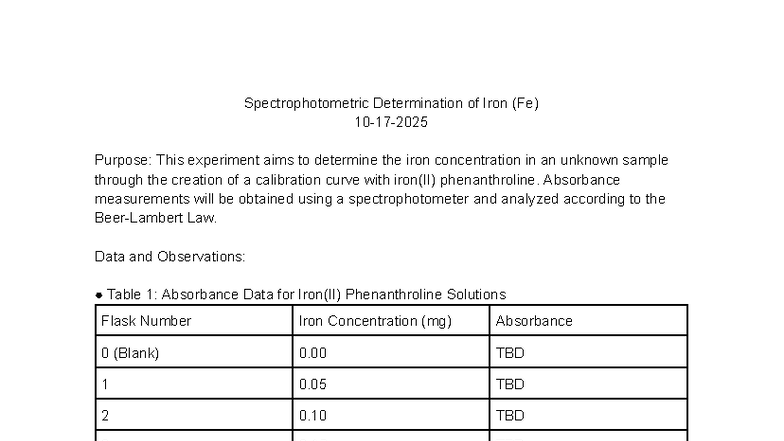 Spectrophotometric Analysis of Iron (Fe) - Pre-Lab Report - Studocu