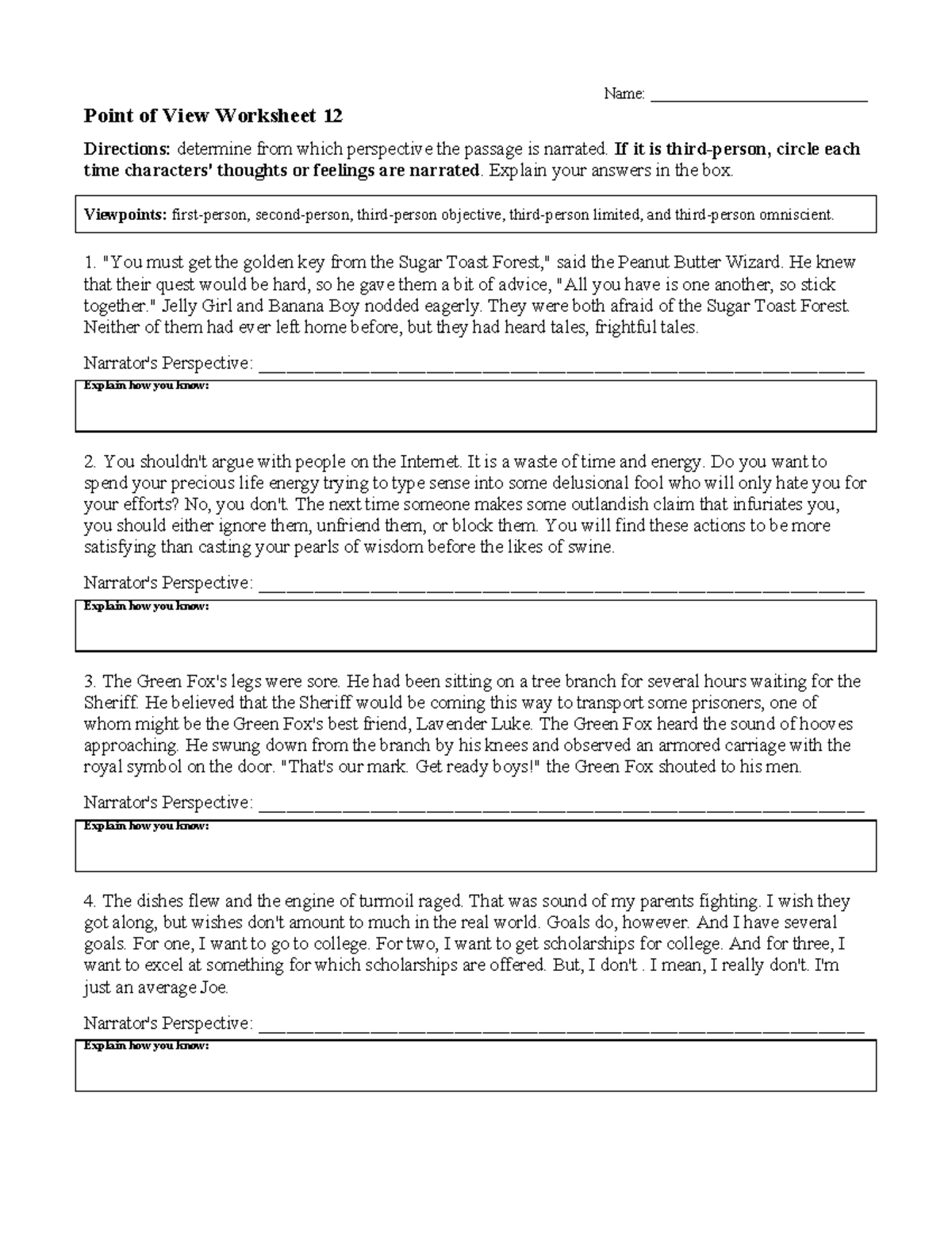 Point of View Worksheet 12: Analyzing Narrative Perspectives - Studocu