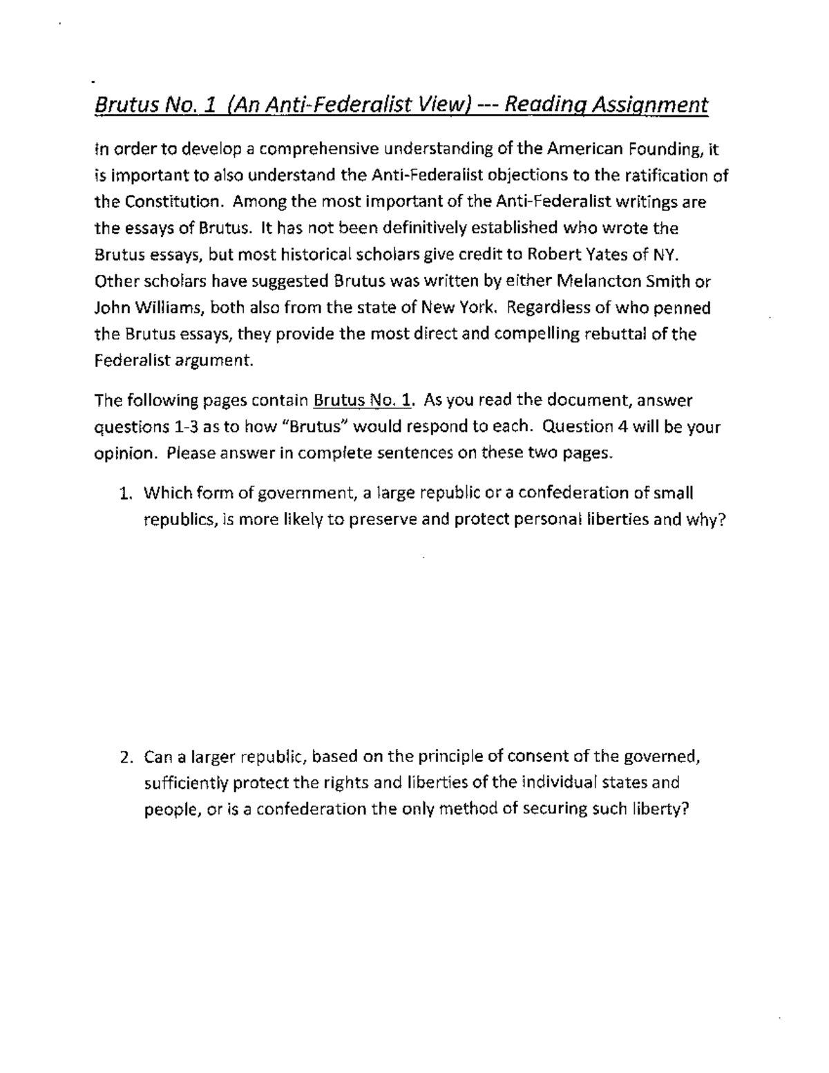 Brutus No. 1 Reading Assignment: Analyzing Constitutional Objections - Studocu