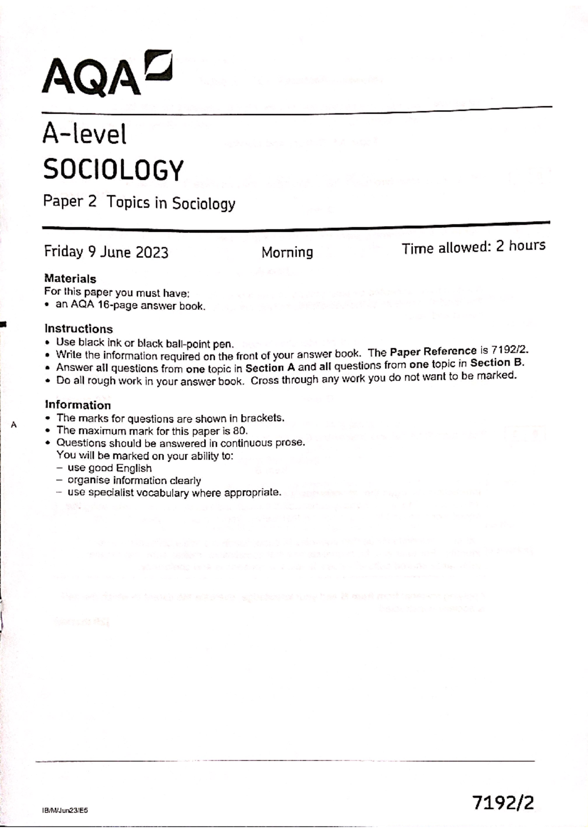 AQA SOCIOLOGY Paper 2 Exam Topics - June 9, 2023 - Studocu