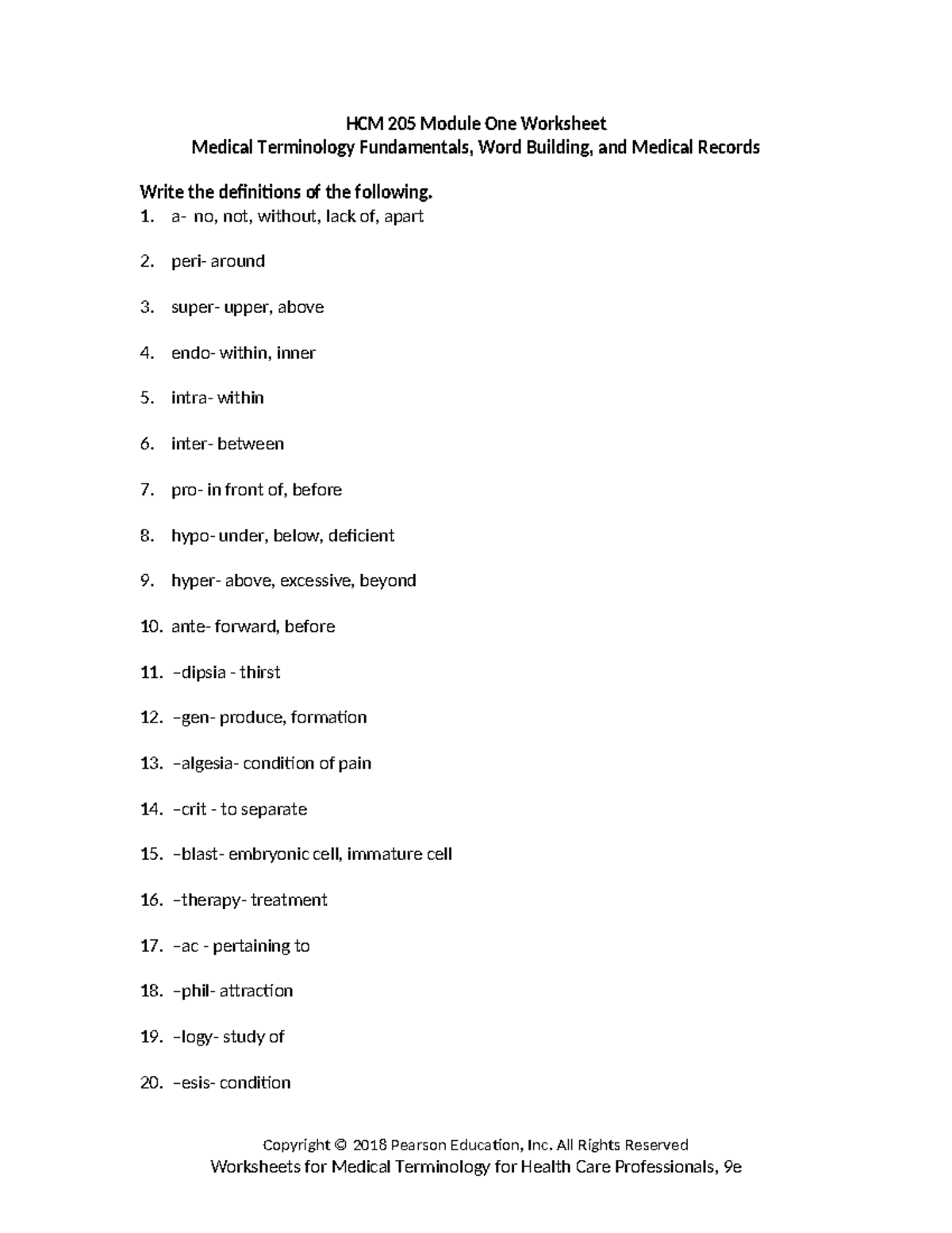 HCM 205 Module One worksheet on medical terminology and word building ...