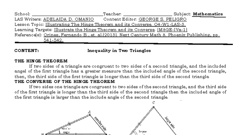 MATH 8 Q4 WK1 LAS3 - Hinge Theorem & Converse Lesson Notes - Studocu