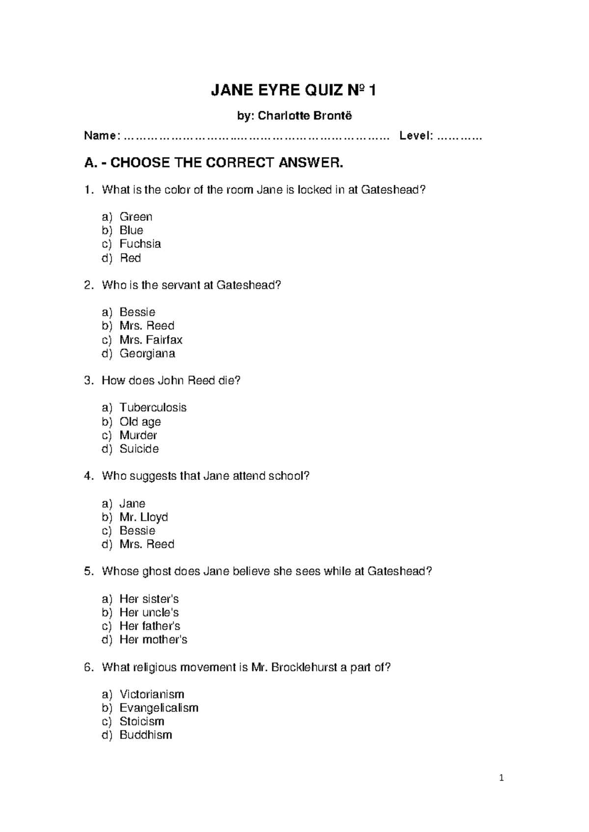 360818569 JANE EYRE Quiz Questions Part 1 & 2 - Studocu