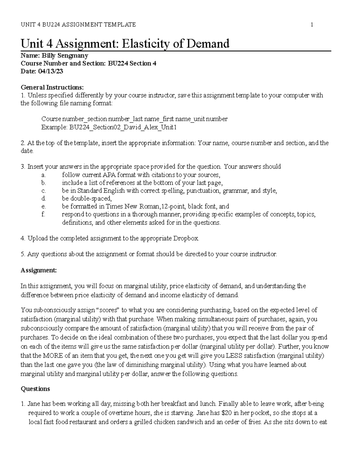 BU224 Section 04 Unit 4 Assignment: Exploring Elasticity of Demand - Studocu