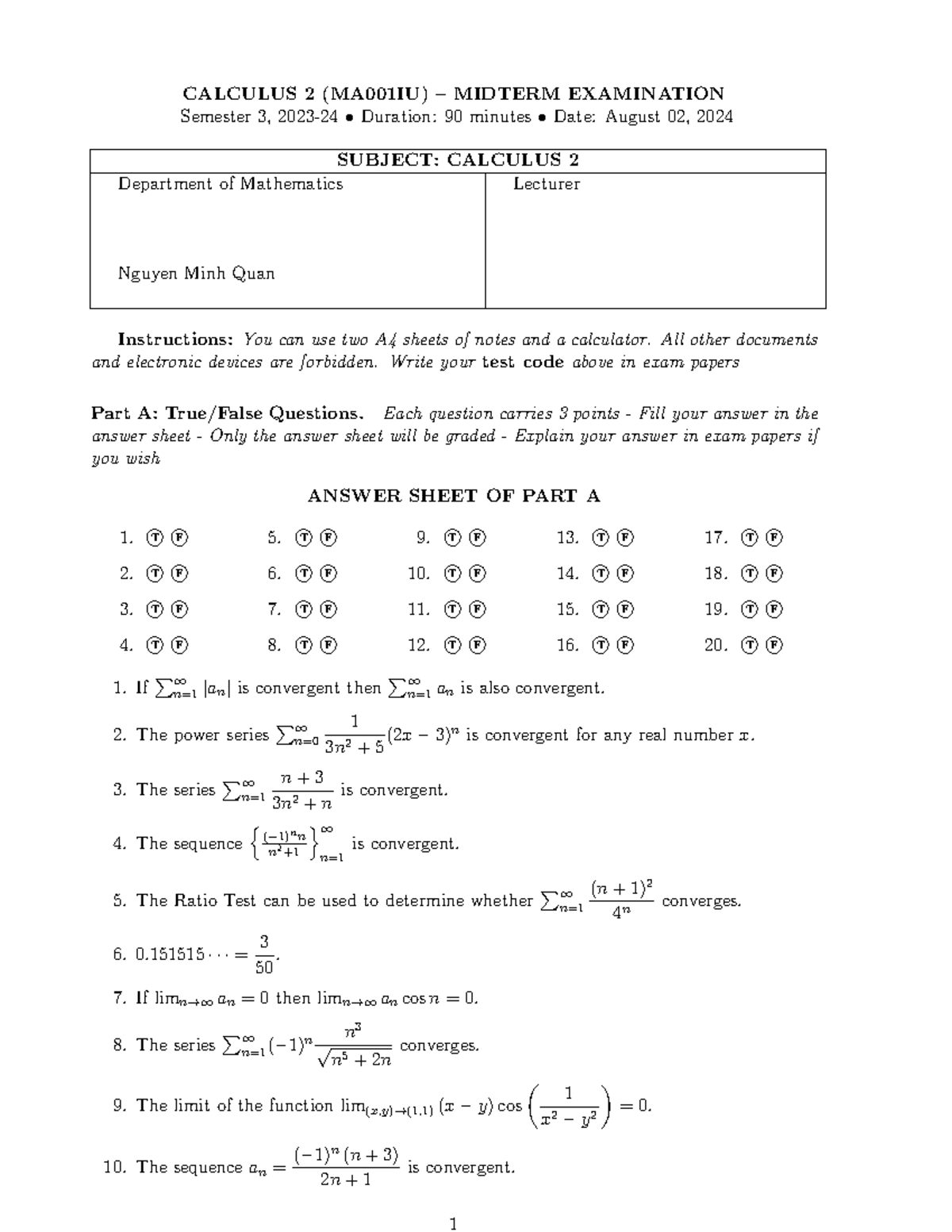 CALCULUS 2 (MA001IU) MIDTERM EXAM S3 2024 - Exam Instructions - Studocu