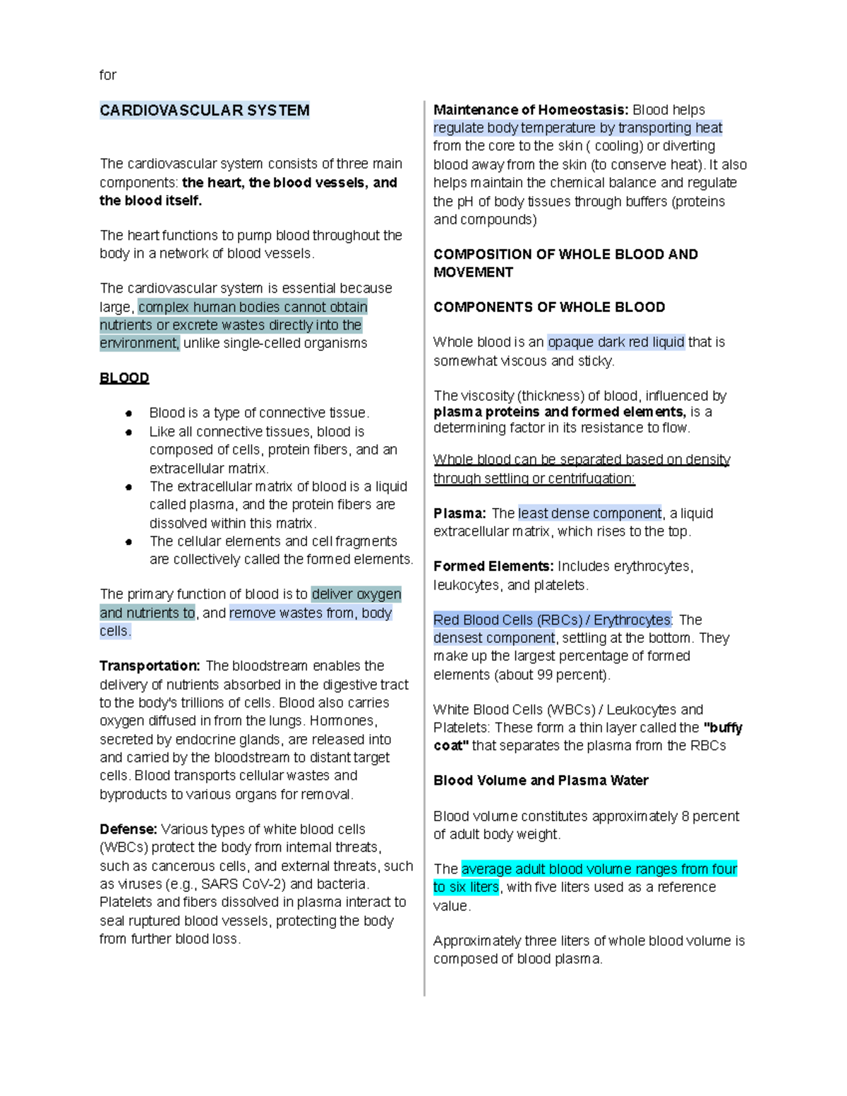 Cardiovascular System Overview - WEEK 9 Study Notes - Studocu