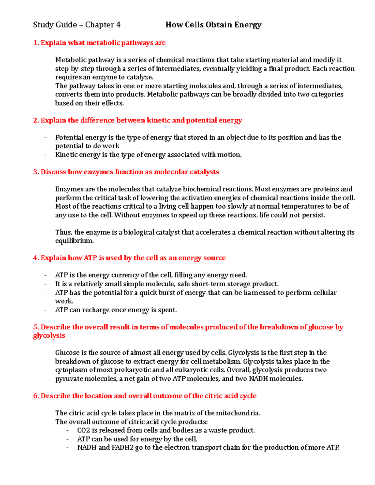 Chapter 4 Study Guide: How Cells Obtain Energy - Intro to Biology - Studocu