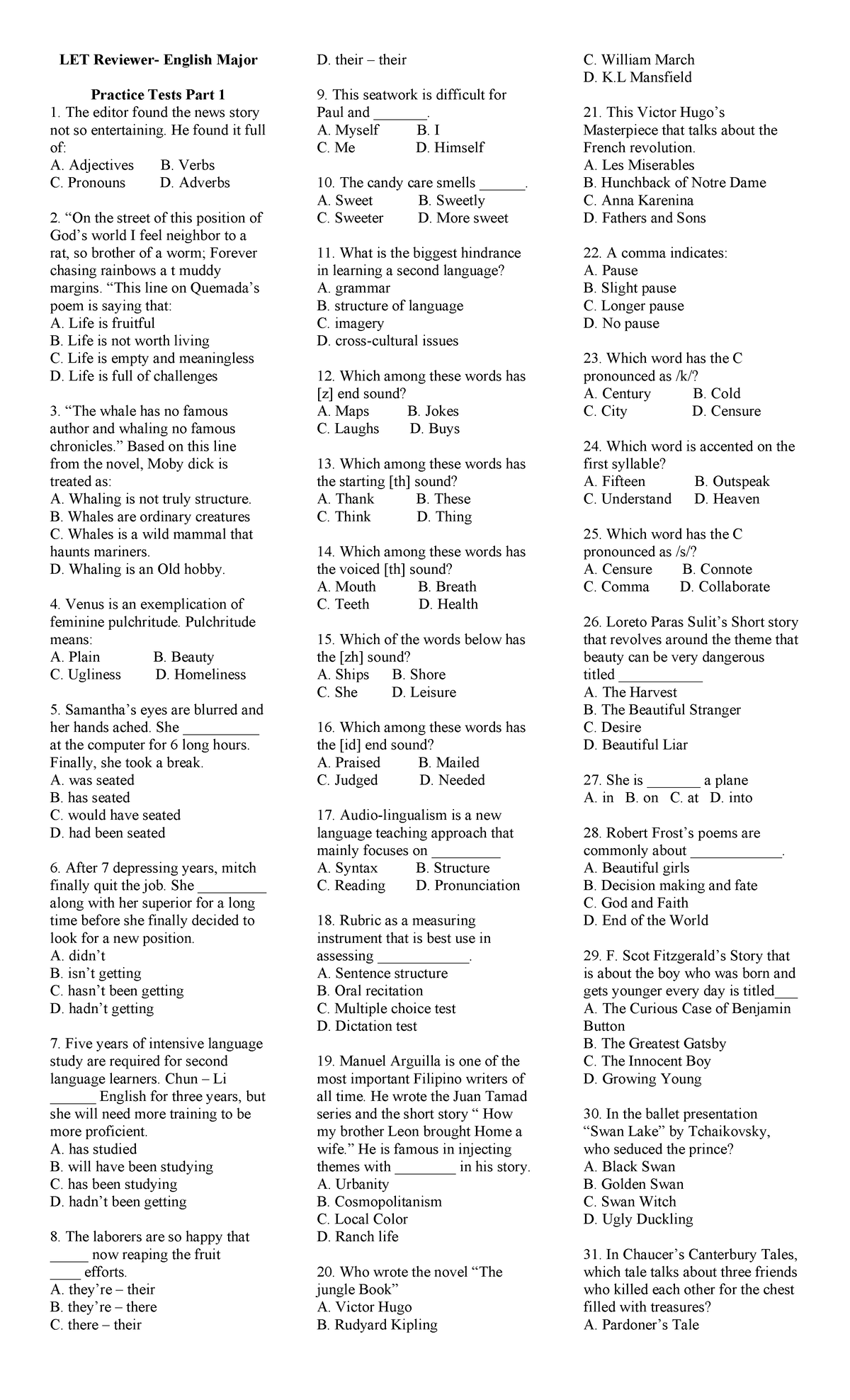 LET English Major D. Practice Tests: Comprehensive Review Part 1 - Studocu