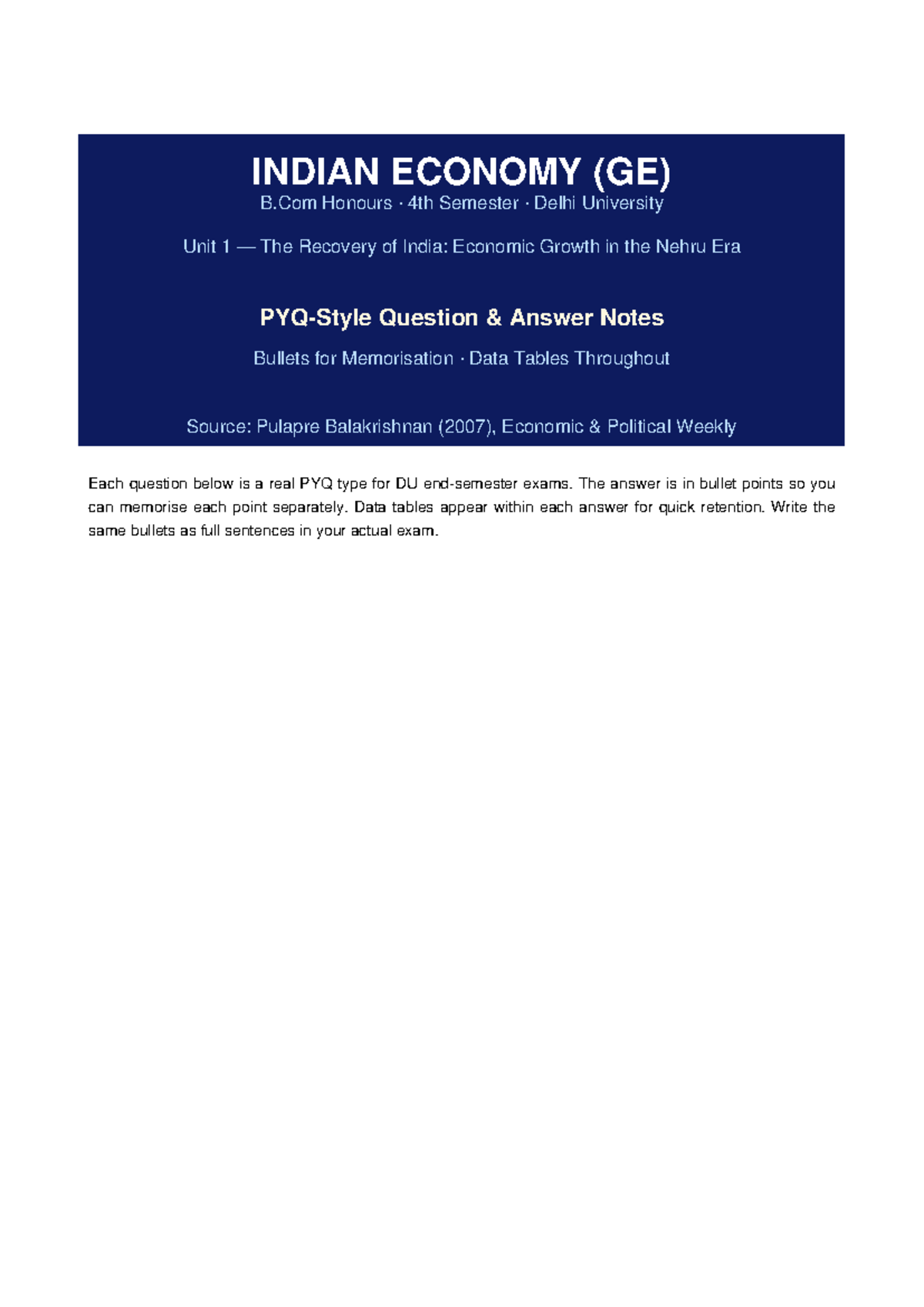 Indian Economy (GE) B.Com Hons 4th Sem: Unit 1 Nehru Era Growth Notes ...