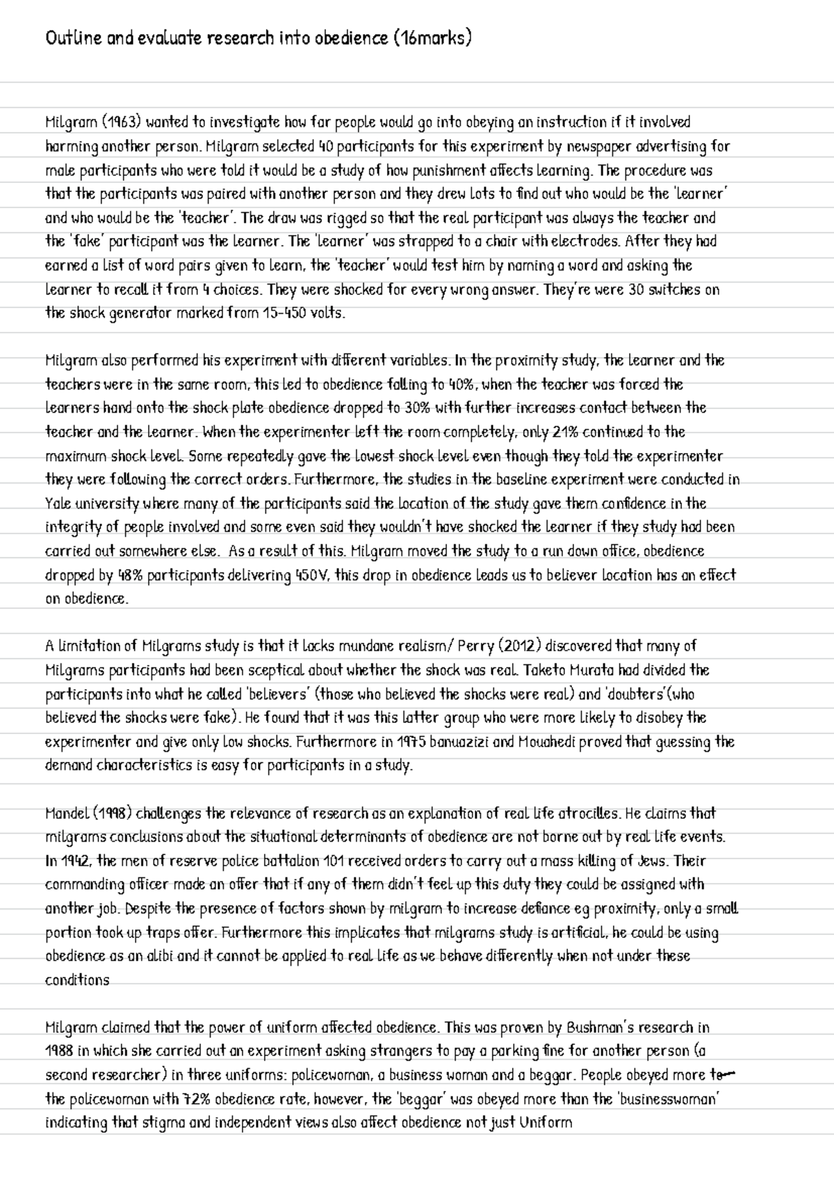 16 Marker Evaluation of Milgram's Obedience Study - Studocu