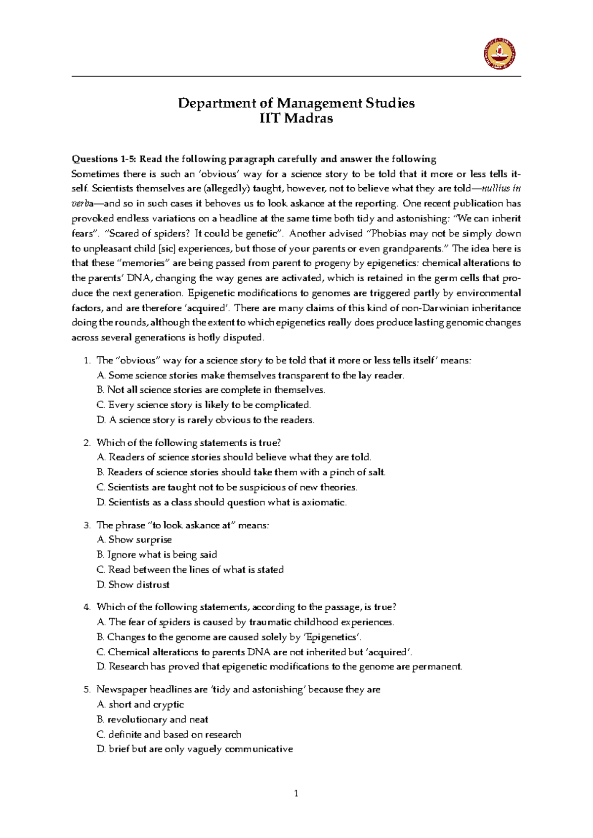 EMBA Sample Paper - Management Studies Analysis and Questions - Studocu