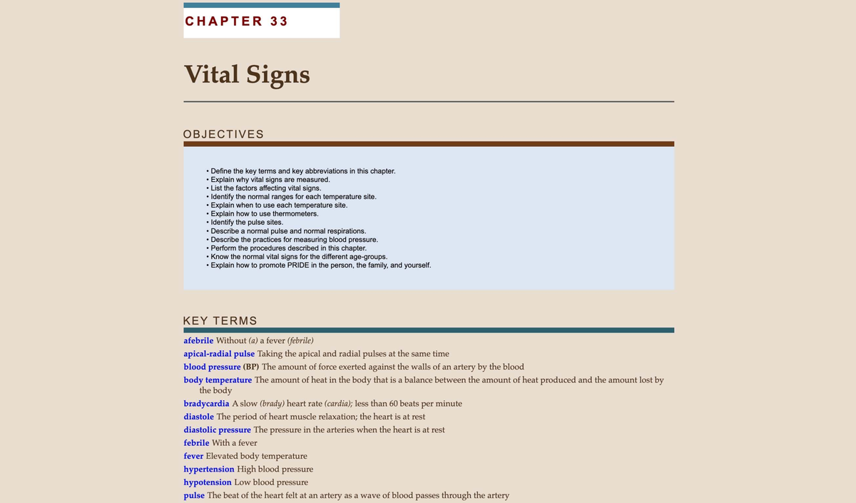 CHAPTER 33 Vital Signs: Measurement, Interpretation, and Care - Studocu