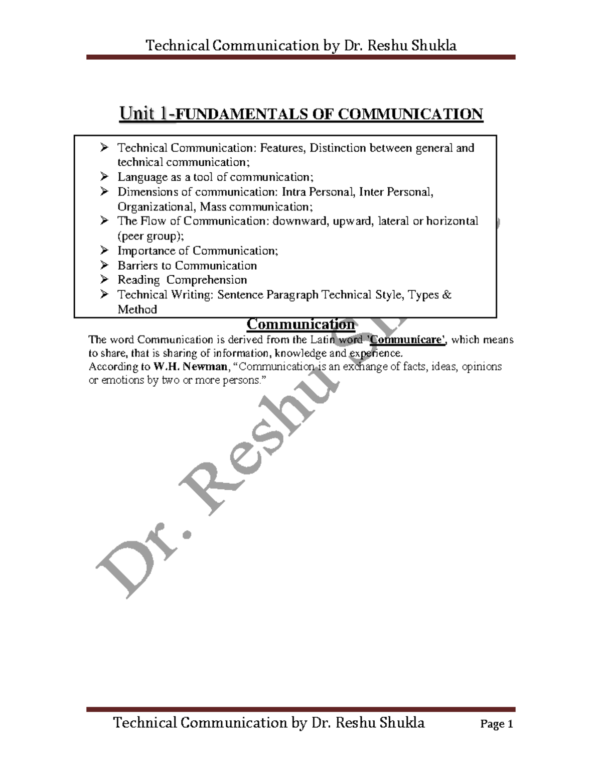 Technical communication - Unit 1-FUNDAMENTALS OF COMMUNICATION Communication The word ...