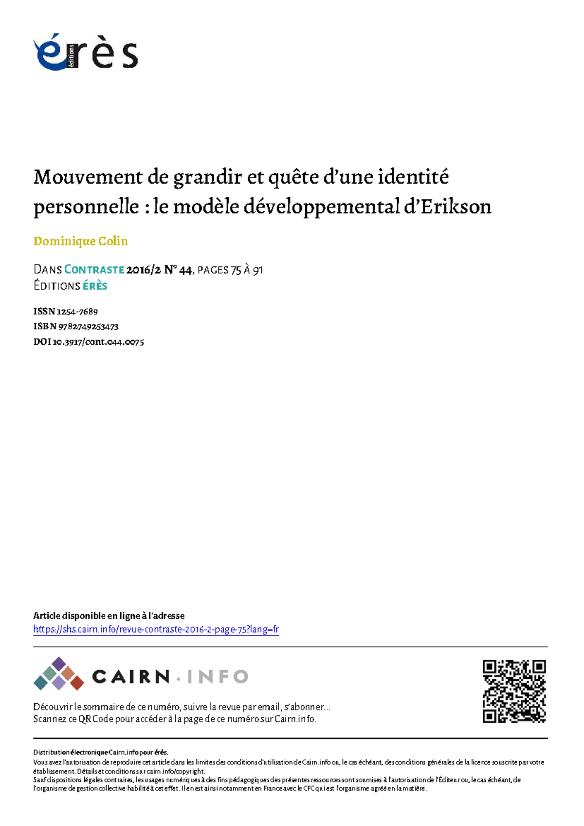 Colin 2016 : Mouvement de Grandir et Quête d'Identité Personnelle - Studocu