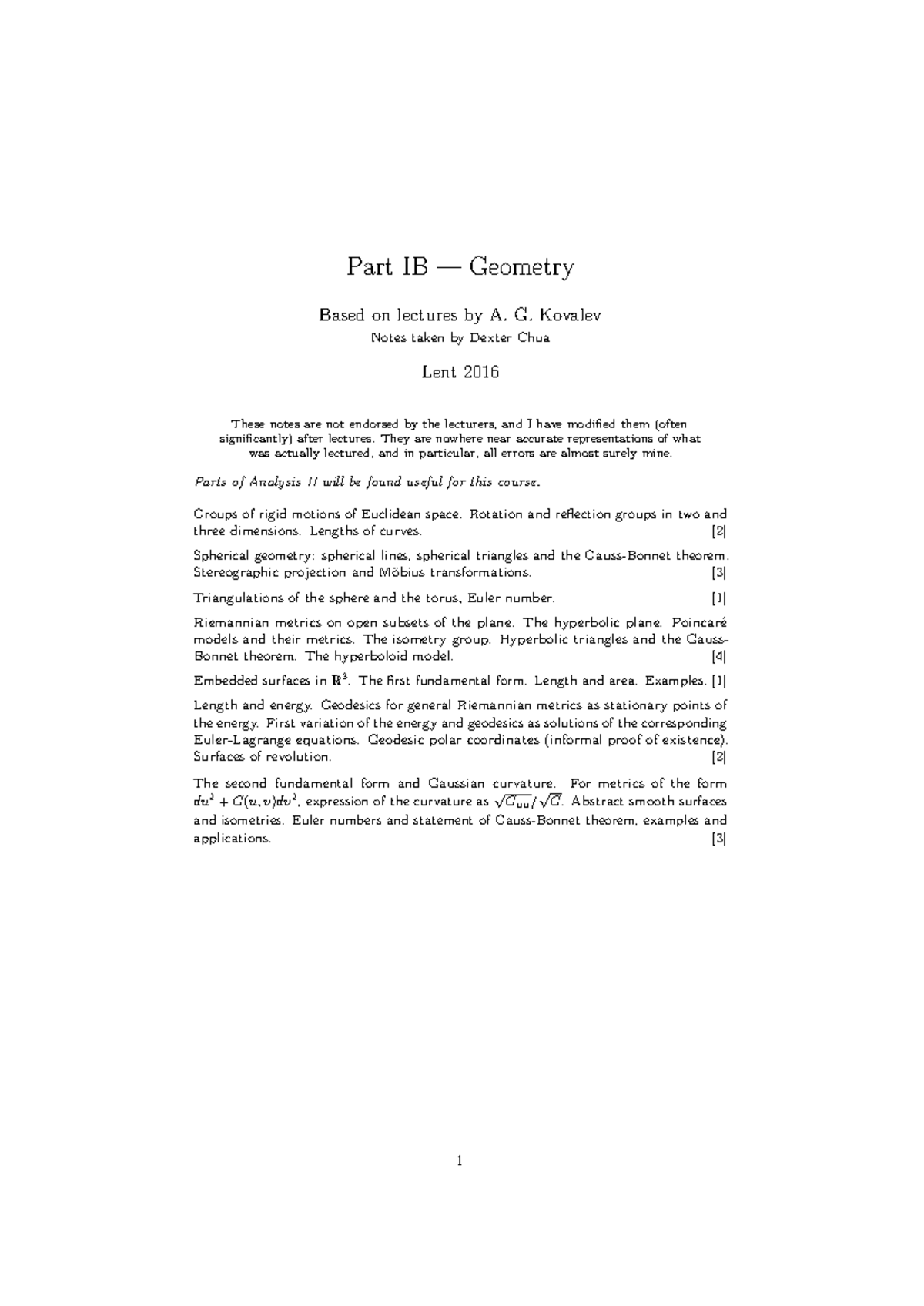 Geometry - Part IB — Geometry Based on lectures by A. G. Kovalev Notes ...
