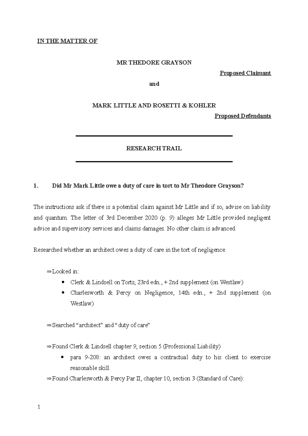 LAW 101: MOCK Research Trail Example on Duty of Care in Tort - Studocu