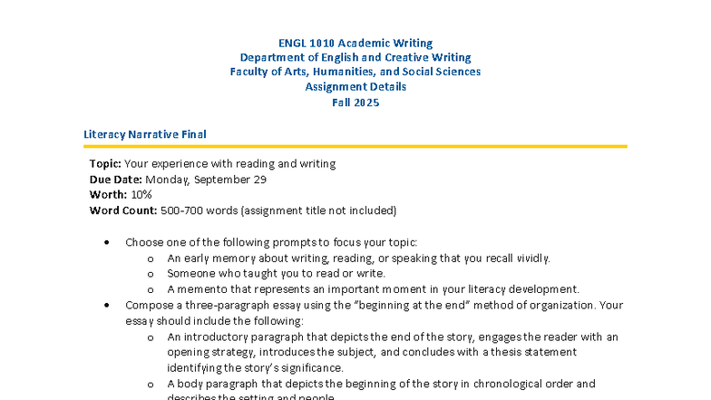 ENGL 1010 Fall 2025 Assignment Details: Literacy Narrative & Analysis ...