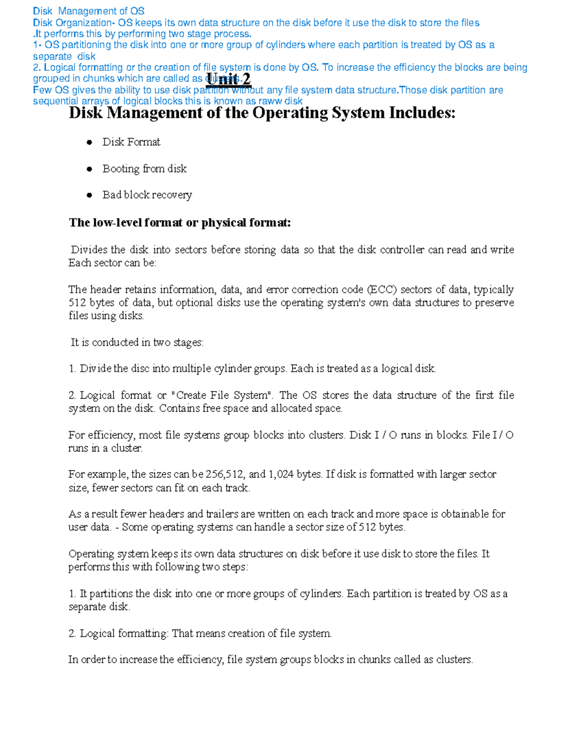 Unit 2.1 OS Notes: Disk Management and Directory Structures - Studocu
