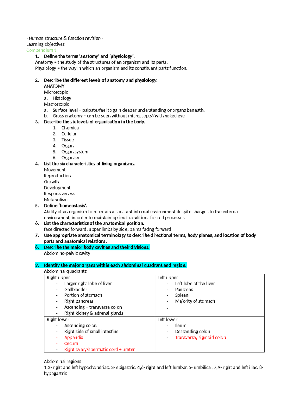 HSF 101: Human Structure & Function Test I Revision Notes - Studocu