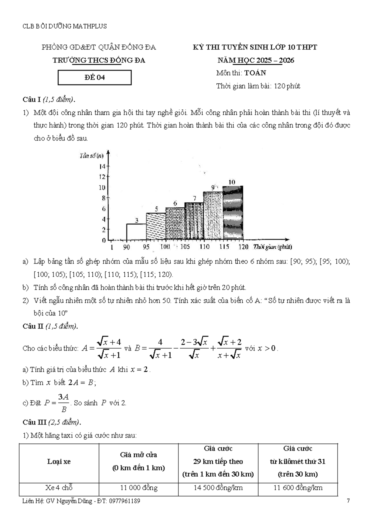 ĐỀ THI TUYỂN SINH LỚP 10 THPT MÔN TOÁN - CLB BỒI DƯỠNG MATHPLUS - Studocu