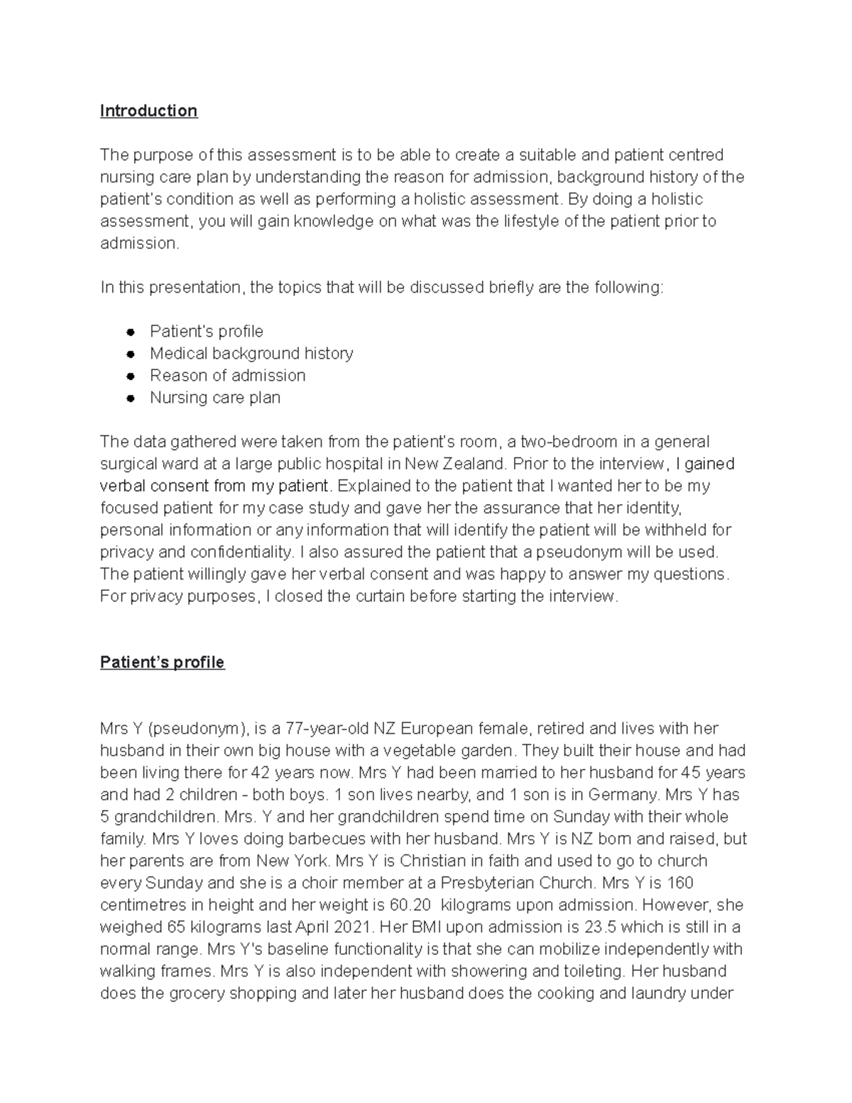 NUR 204 Oral Summative Presentation: Nursing Care Plan for Mrs. Y - Studocu