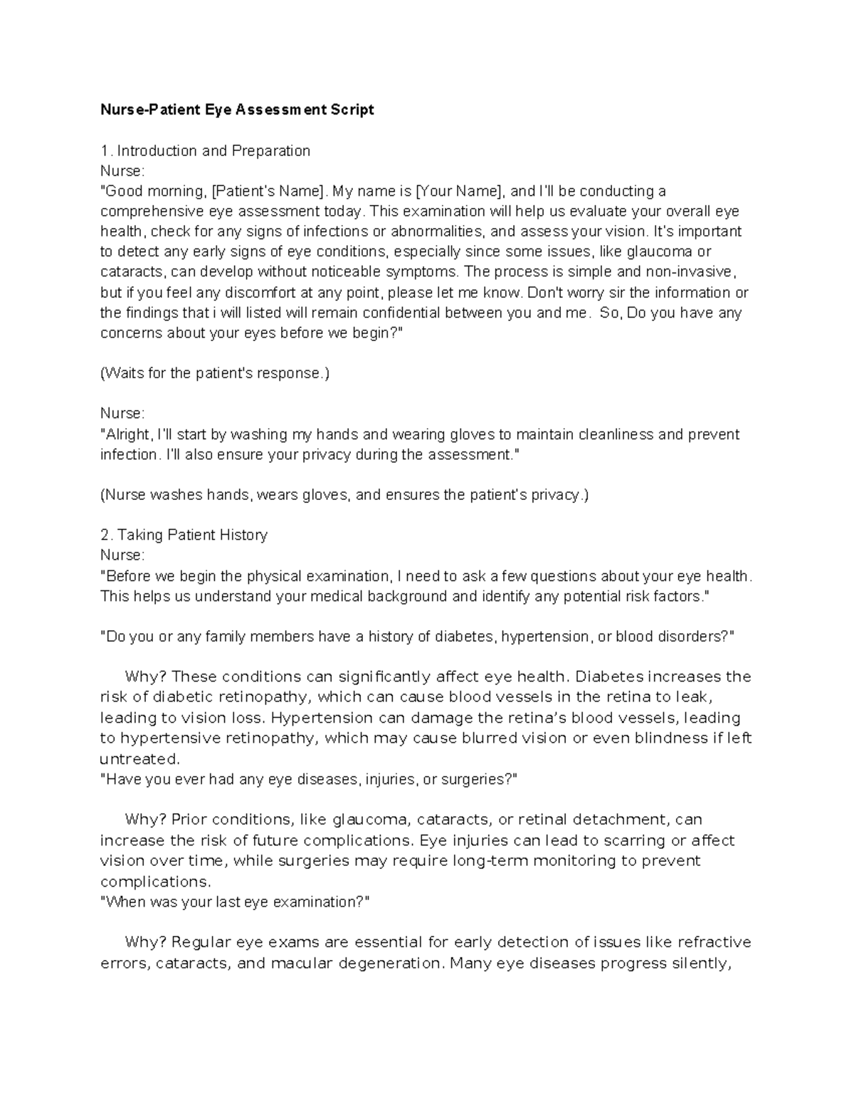 NUR-102: Nurse-Patient Comprehensive Eye Assessment Script - Studocu