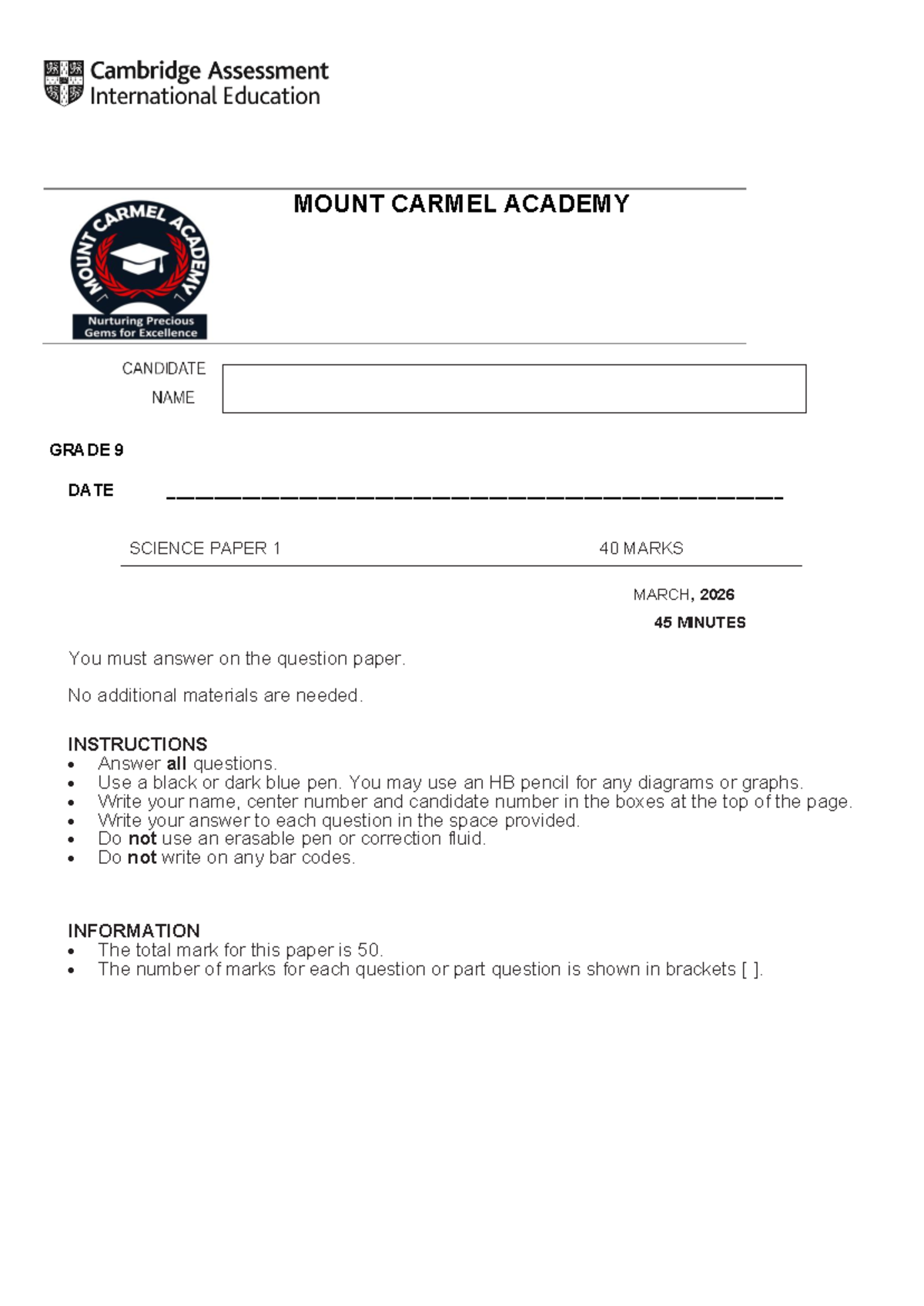 MOUNT CARMEL ACADEMY GRADE 9 SCIENCE PAPER 1 MARCH 2026 - Studocu