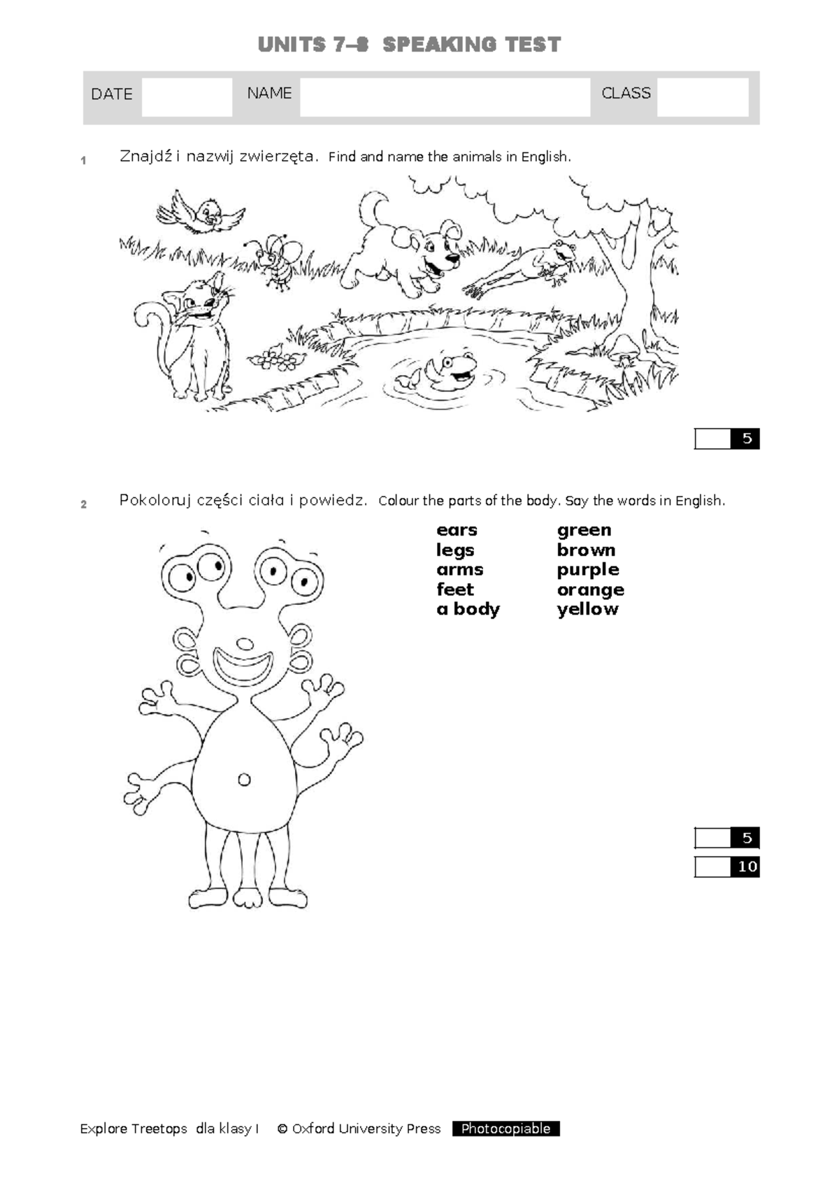 Explore Treetops 1 Units 7–8 Speaking Test - Język angielski - DATE ...