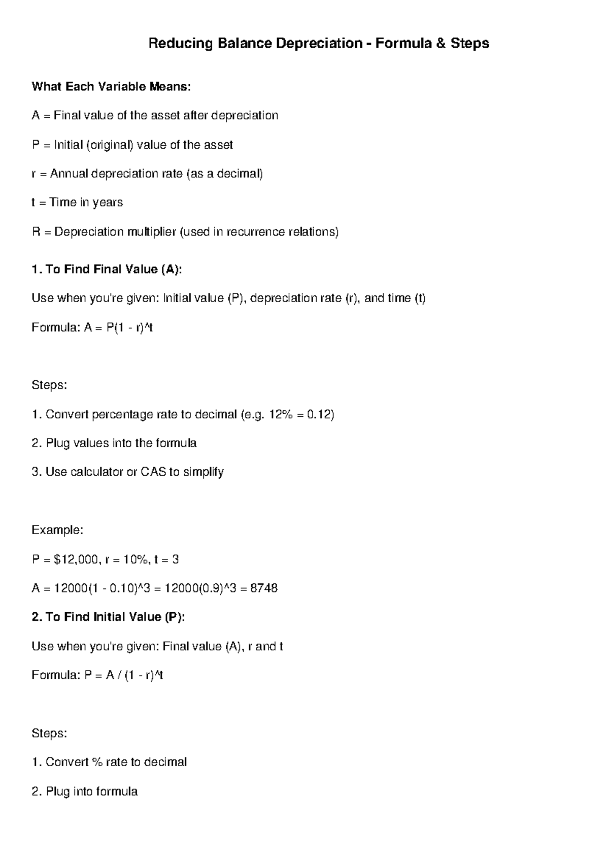 Reducing Balance Depreciation Formula Sheet - 12% = 0) Plug values into ...