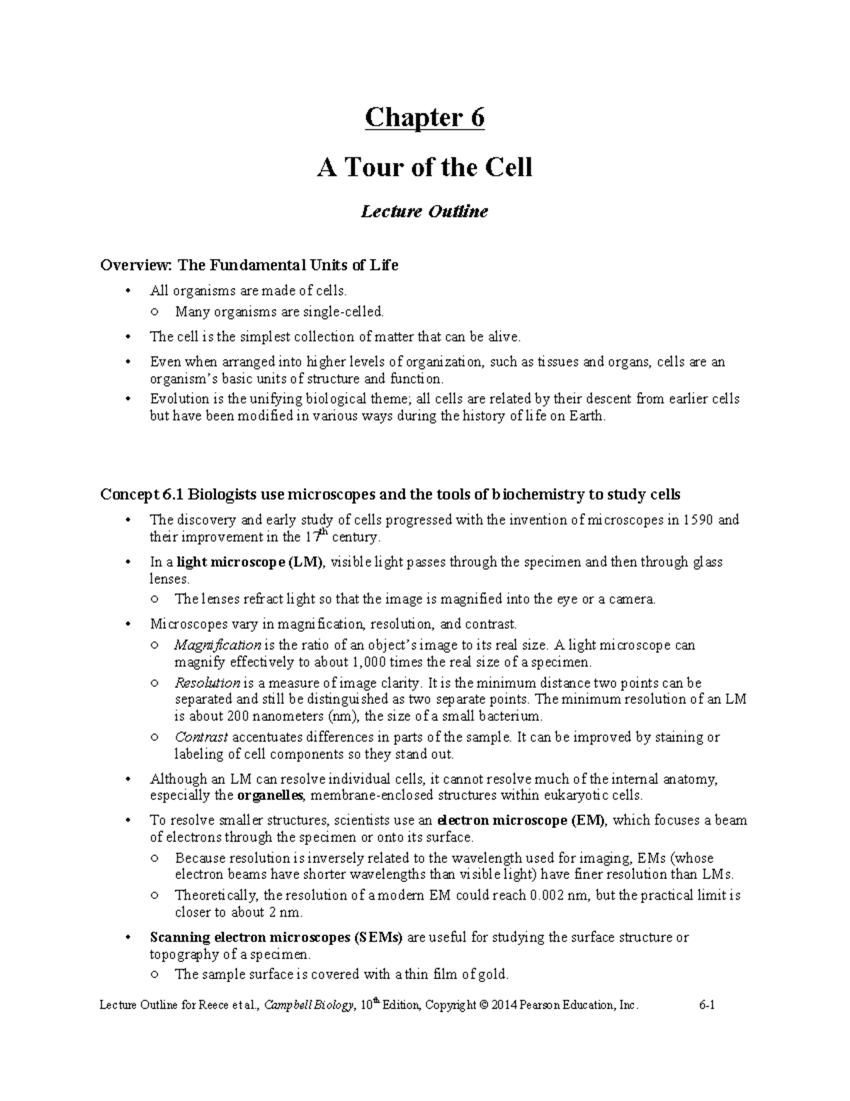 Lecture Outline for Chapter 6: A Tour of the Cell (Campbell Biology 10e ...