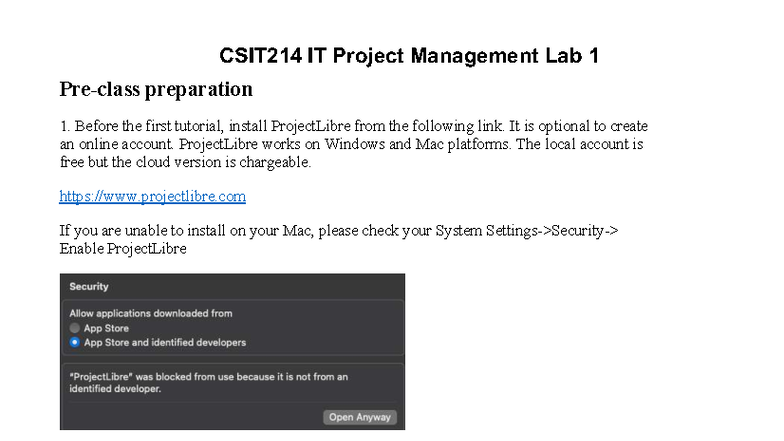 CSIT214 IT Project Management Lab 1: ProjectLibre Setup Guide - Studocu