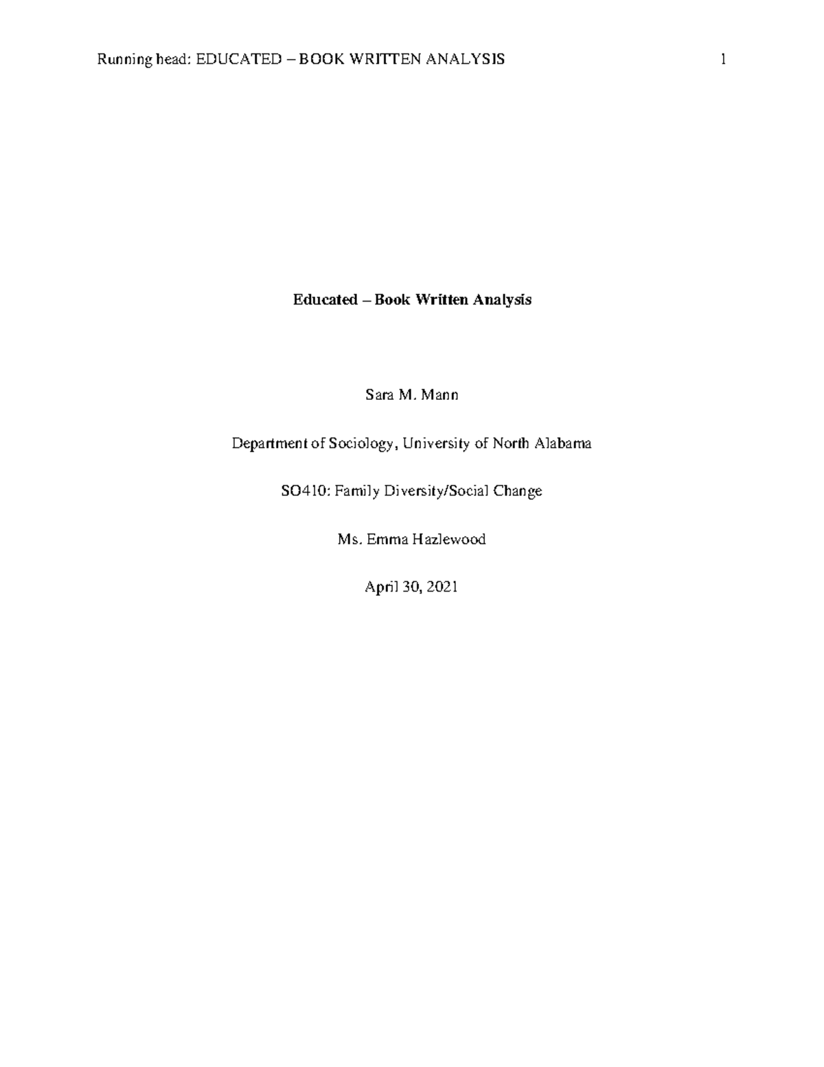 SO410: Educated - Thematic Analysis of Tara Westover's Memoir - Studocu