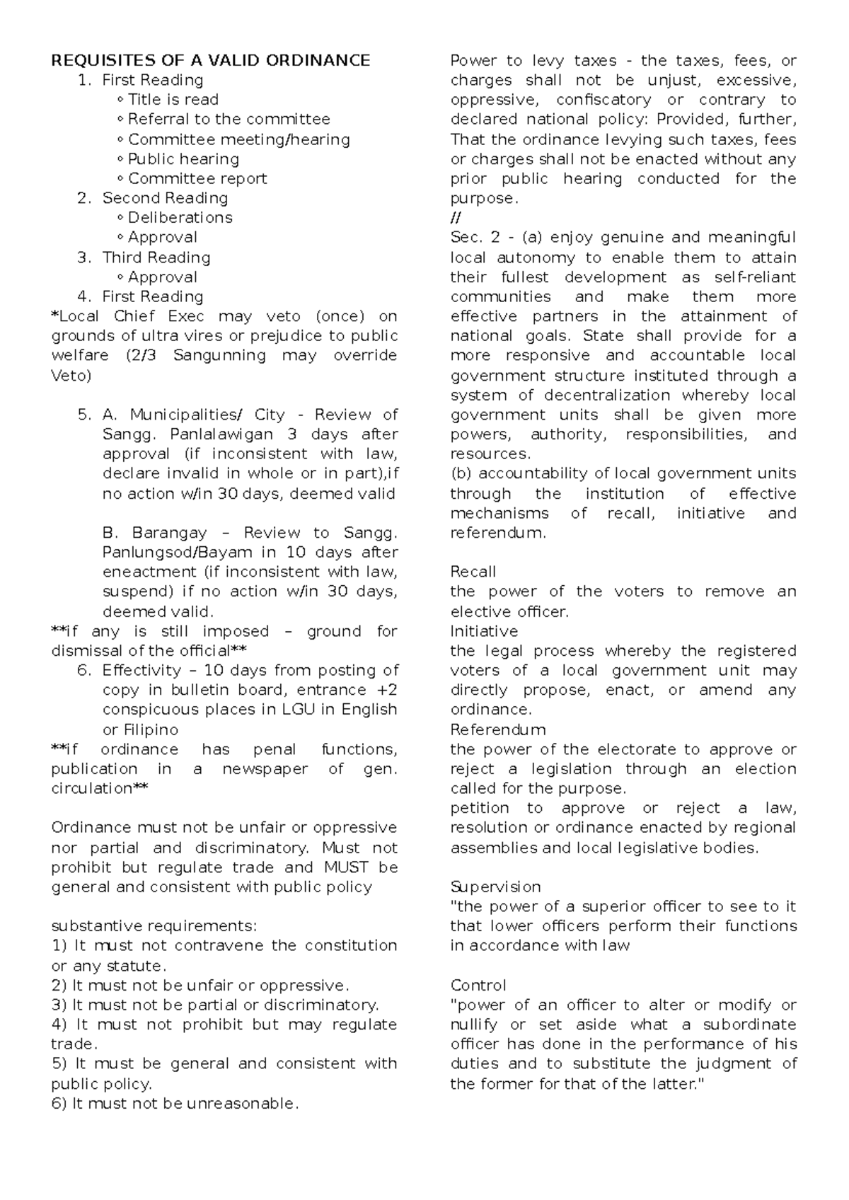 Loc Gov 101: Requisites of a Valid Ordinance Review Notes - Studocu