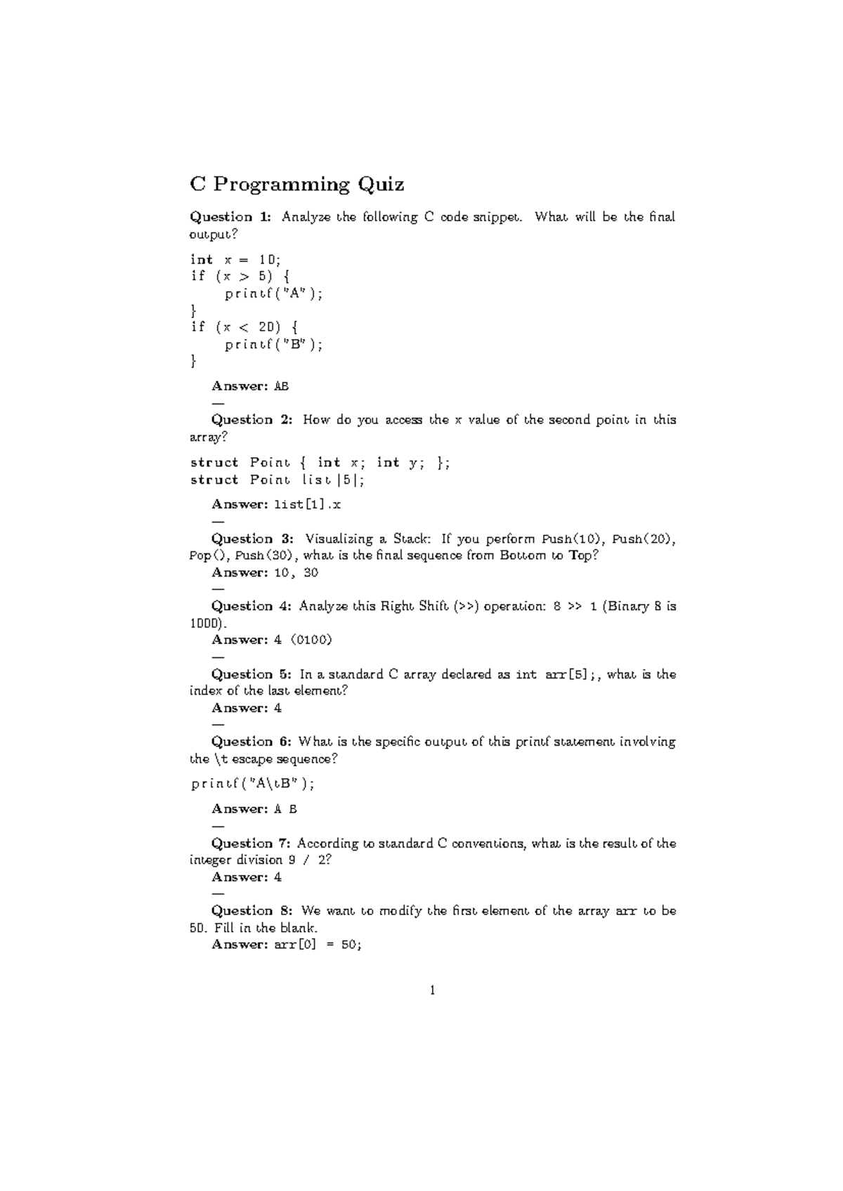 C Programming Quiz MCQs: Key Concepts and Outputs - Studocu
