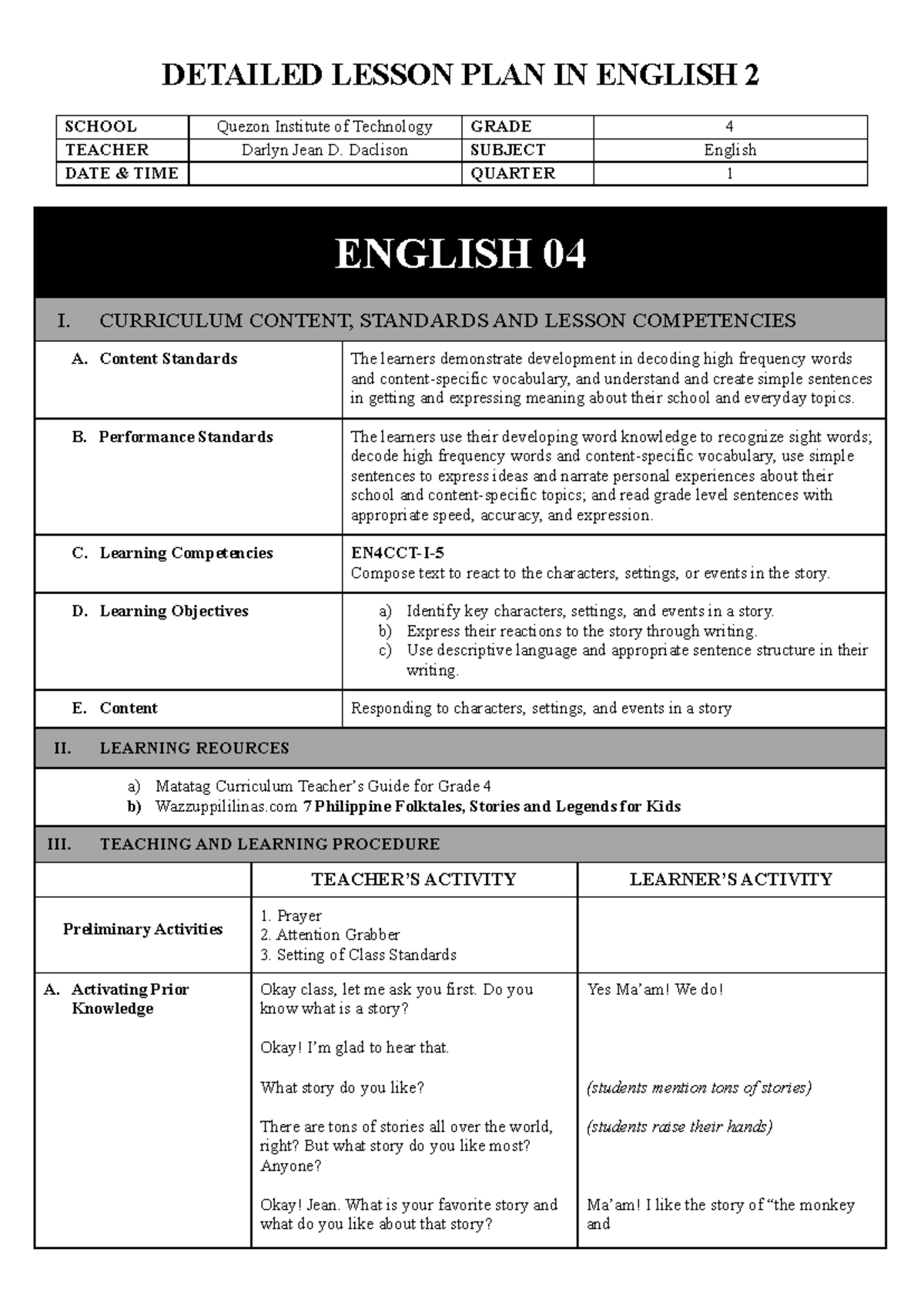 Detailed Lesson Plan for English 2: Exploring Story Elements - Studocu