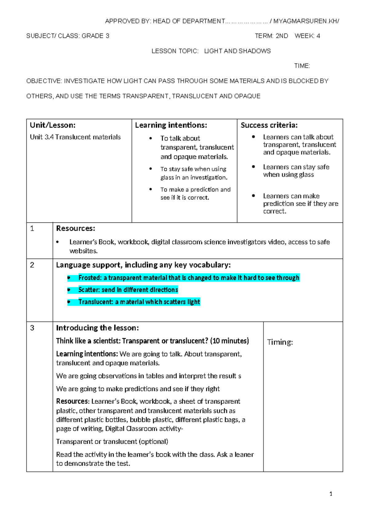G3 T2LP4 - Lesson Plan on Light and Shadows: Transparent, Translucent ...