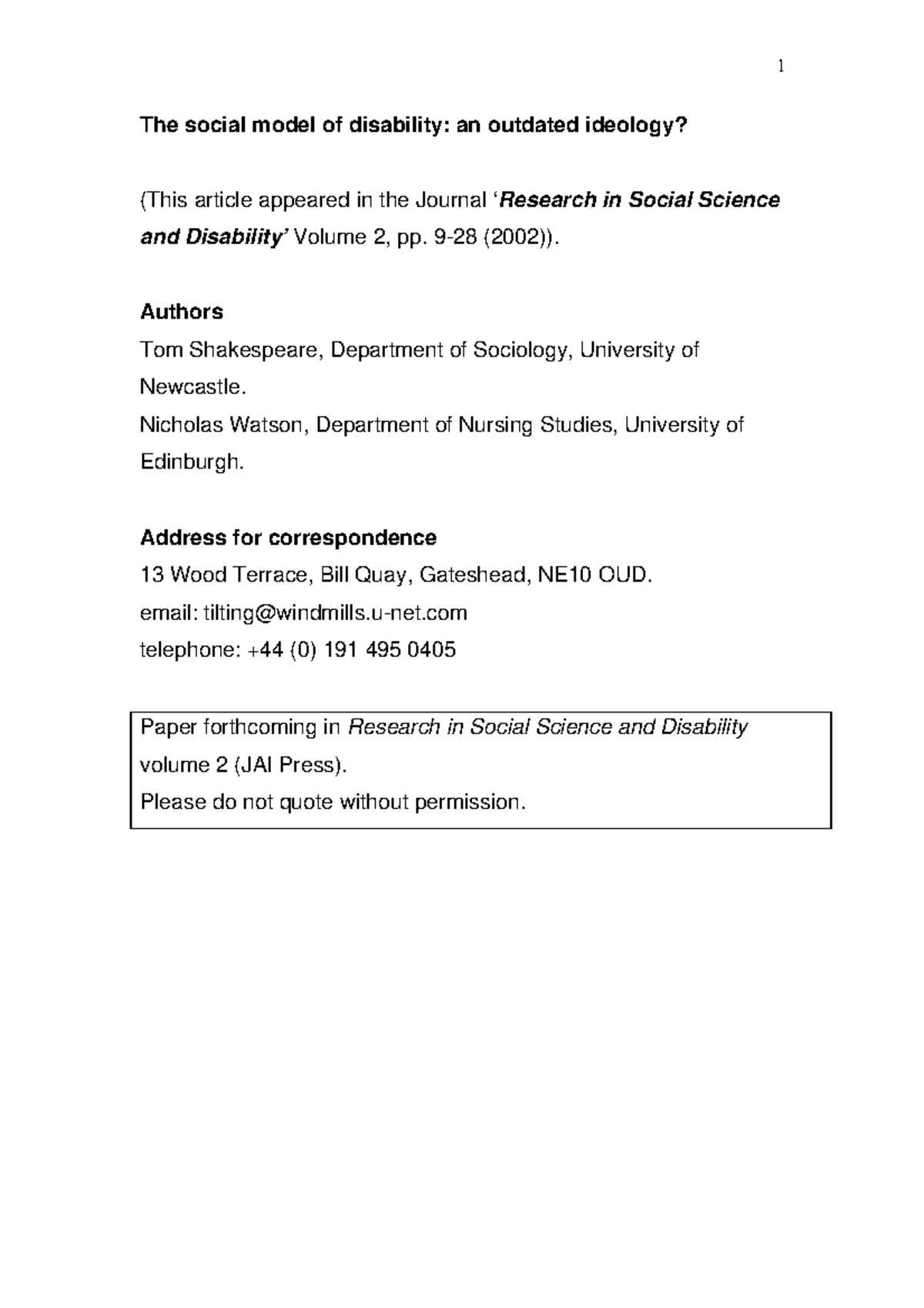 Critiquing the Social Model of Disability: Tom Shakespeare's Analysis ...