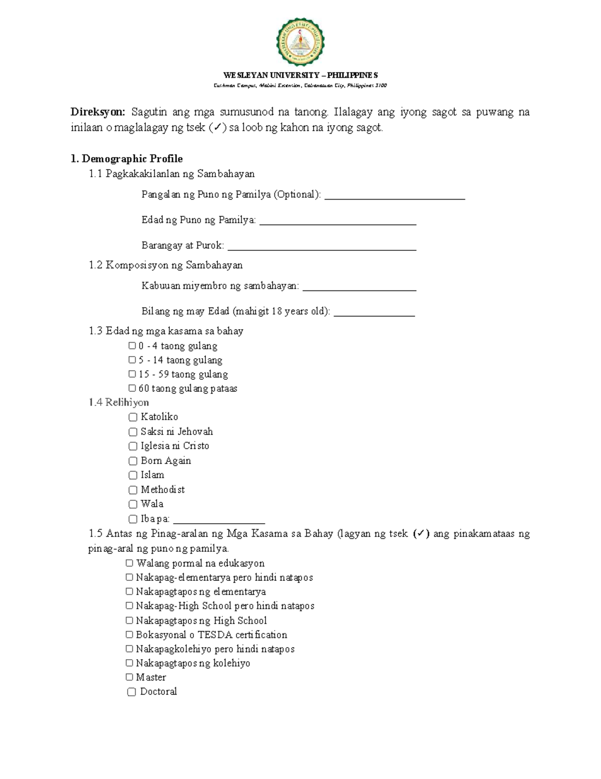 Final Questionnaire on Food Insecurity and Diabetes Mellitus (WESLEYAN ...