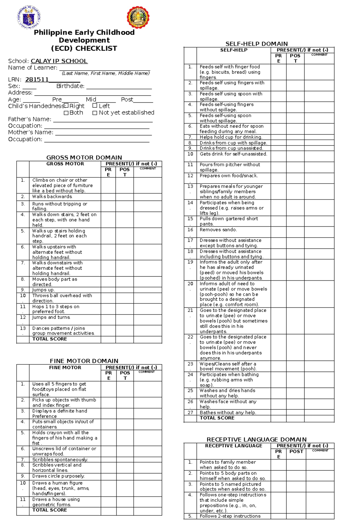 Philippine ECD Checklist 2024-2025 for CALAY IP School - Studocu