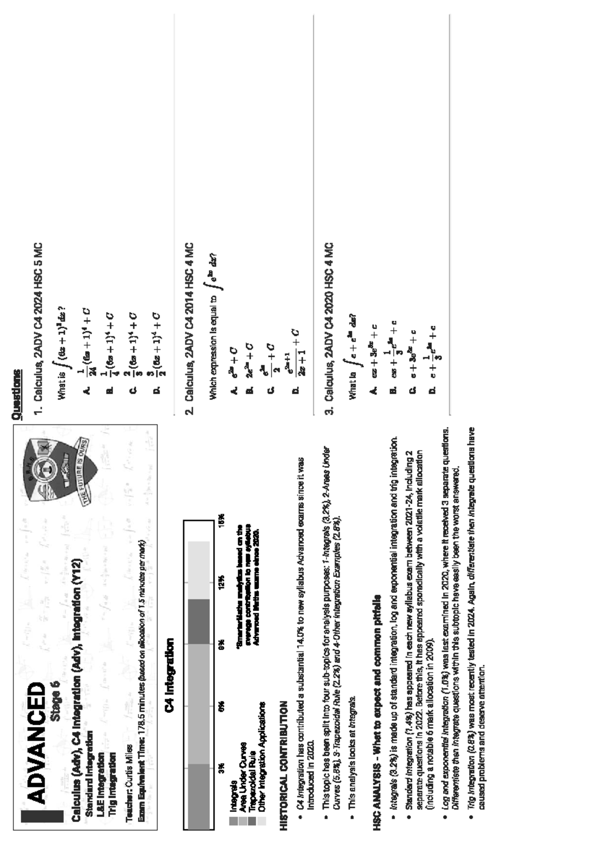 Integration 1 - Maths Advanced HSC Questions 2ADV C4 2024 - Studocu