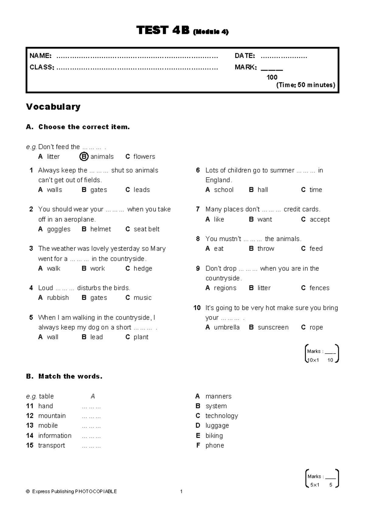 Test 4B (Module 4) Vocabulary & Grammar Practice - Studocu