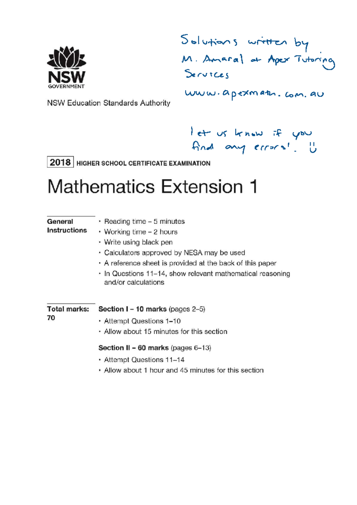 2018 HSC Mathematics Extension 1 Exam Solutions - Studocu