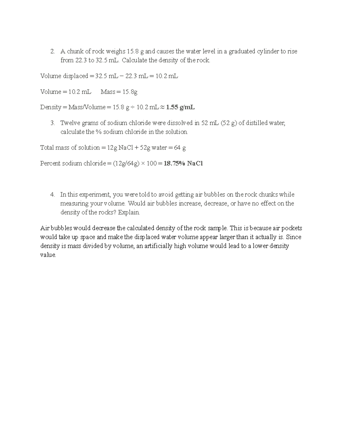 Density Post Lab Questions (Chem 101) - Studocu